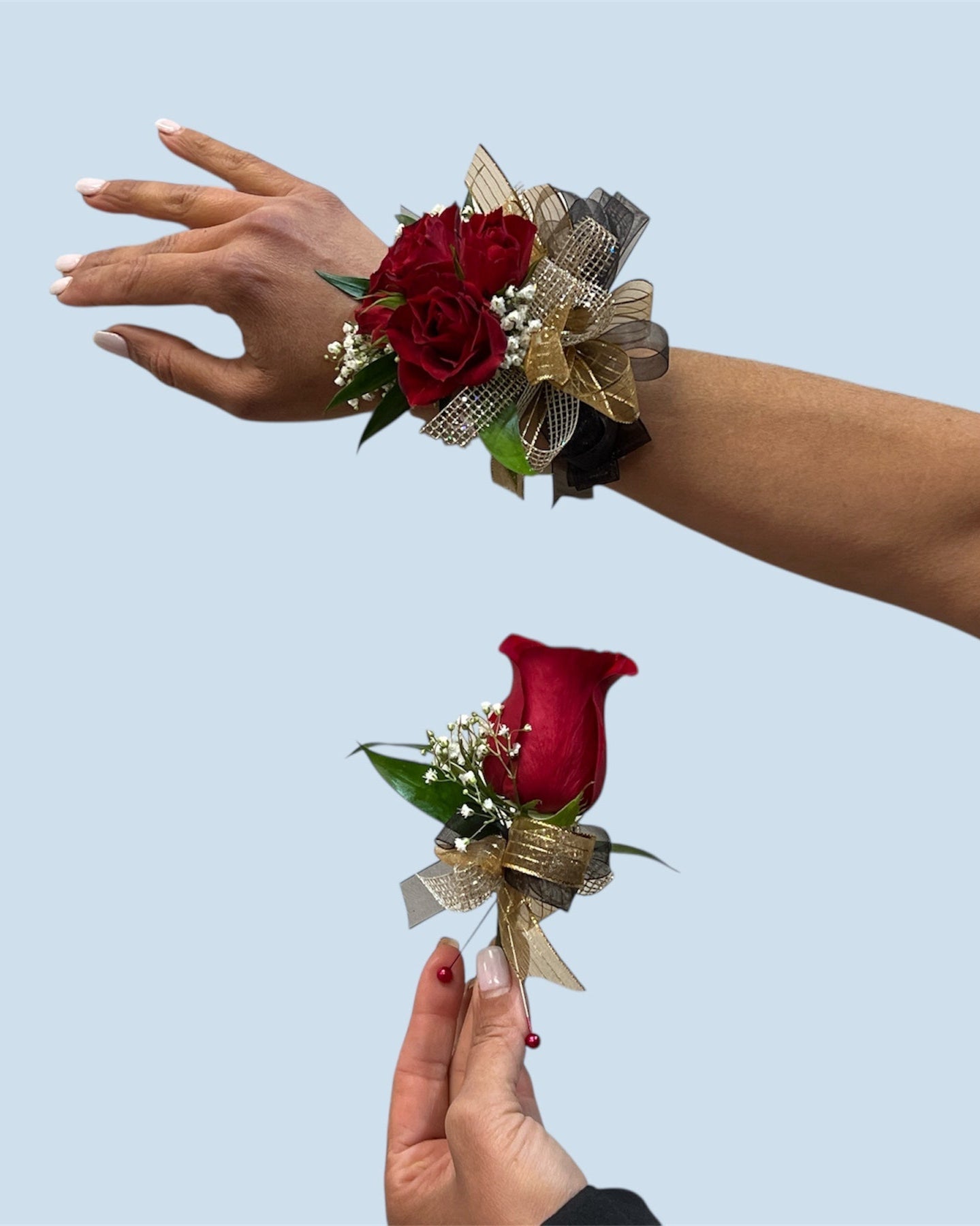 Rose + Spray Roses, Black Gold and Red Prom Set